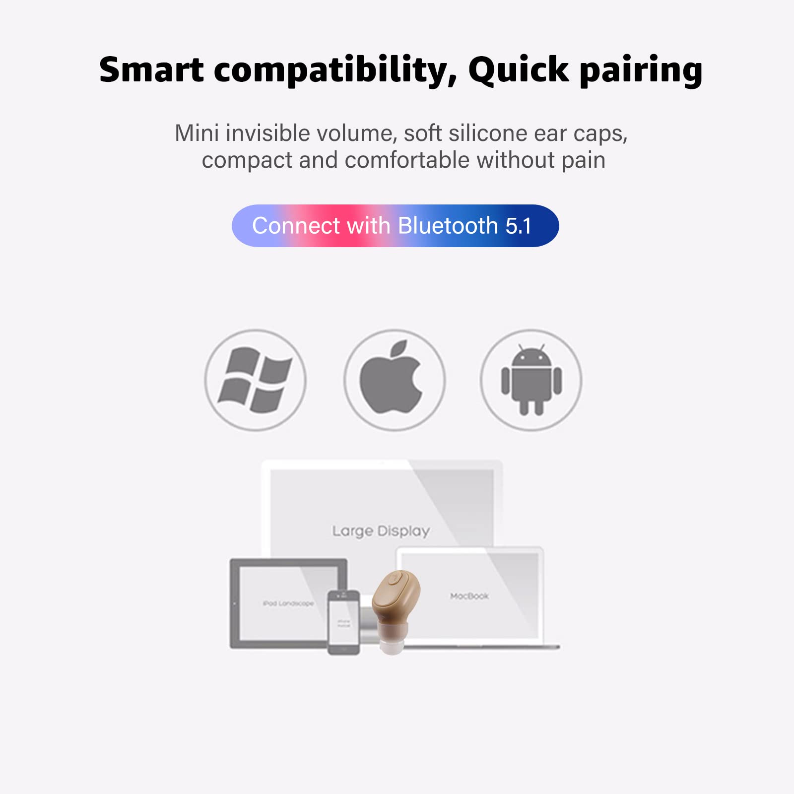 SYSFUN Single Bluetooth Wireless Earbud, Mini Invisible in-Ear Wireless Bluetooth Headphone 12 Hours Super Long Battery Life Suitable for Sports, Work and Sleep- Beige