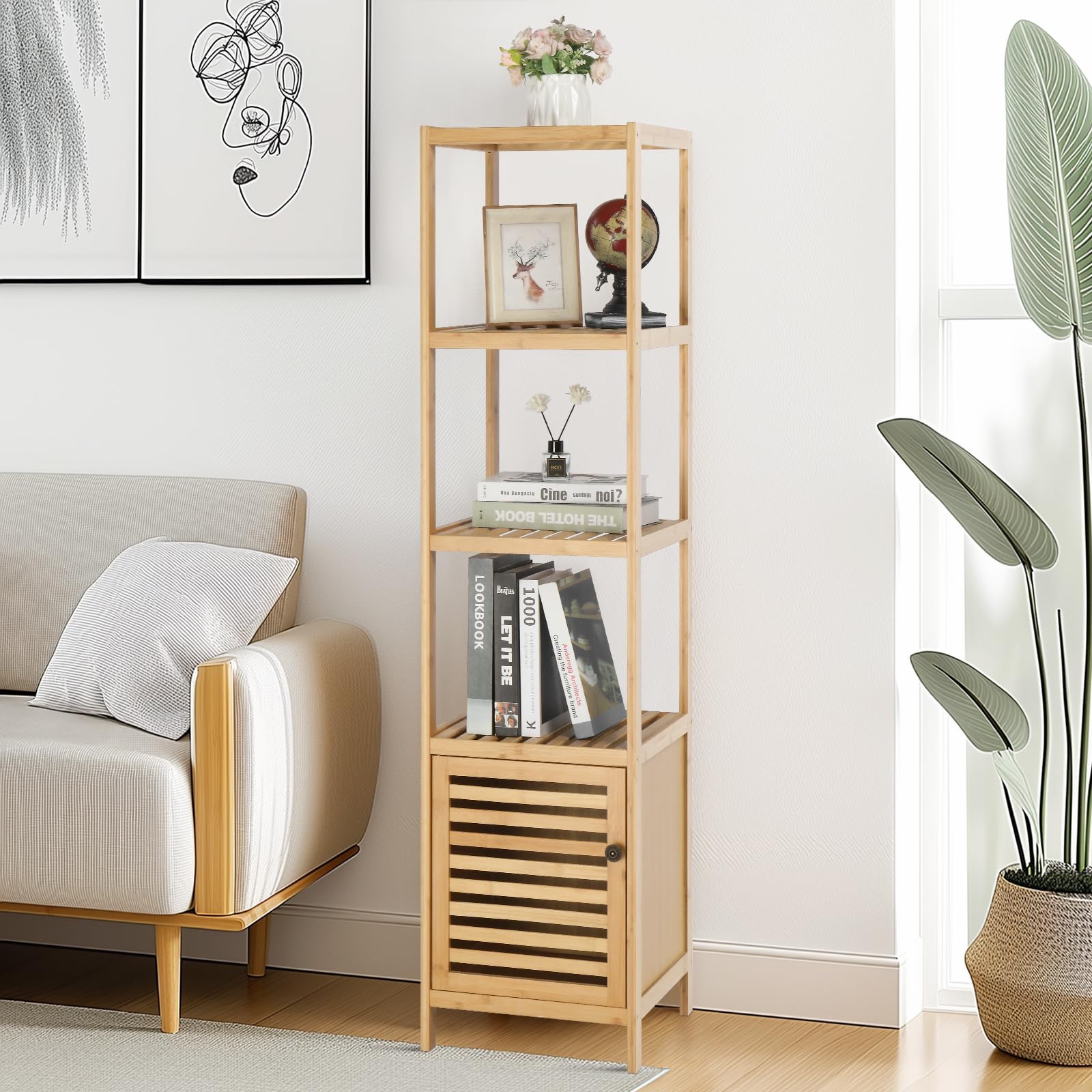 Vasitelan Bamboo Bathroom Storage Floor Cabinet, 4 Tiers Multifunctional Floor Shelving Unit, Free Standing Tower Corner Rack
