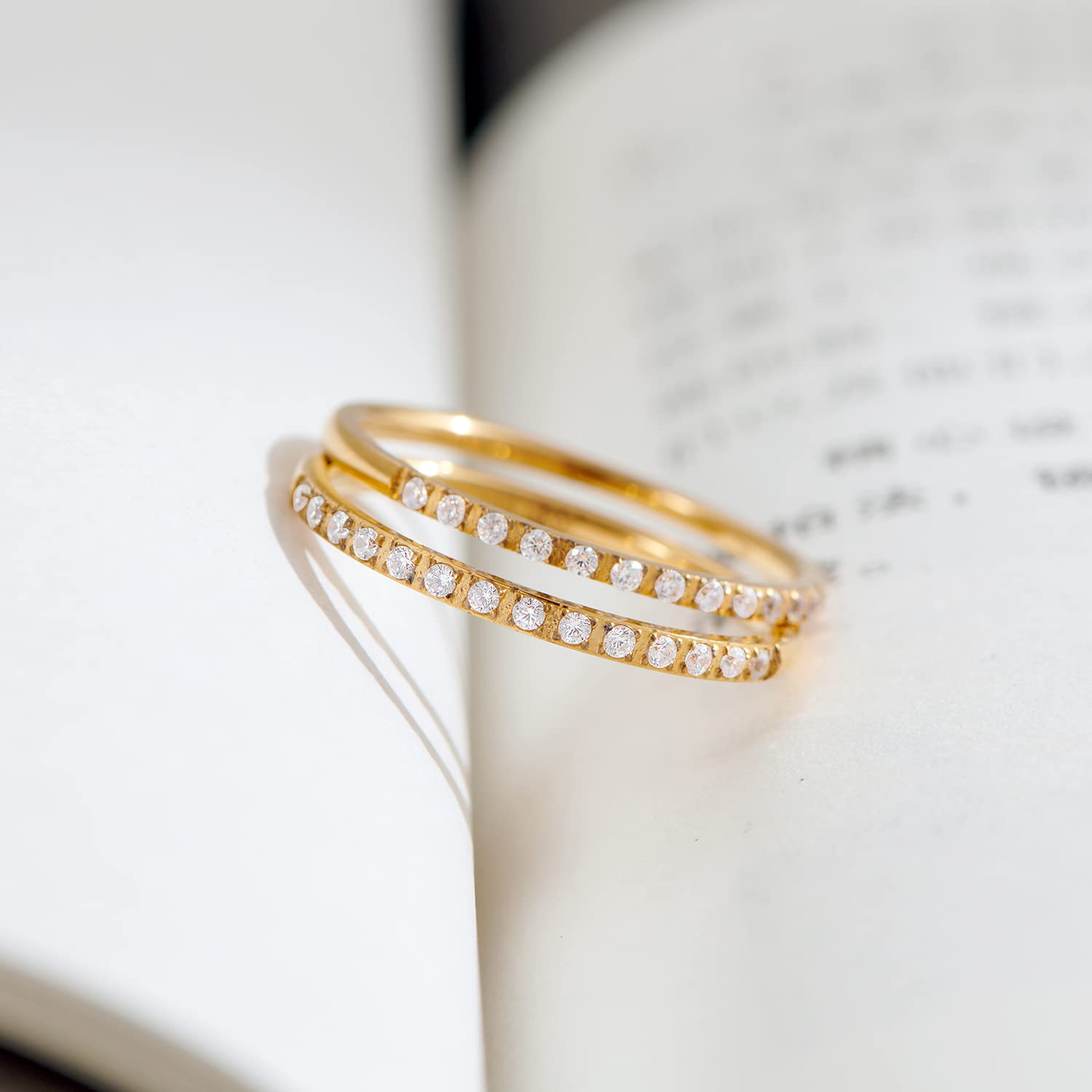 NOKMIT 1.5mm 2Pcs 14K Gold Half Eternity Ring for Women Thin Cubic Zirconia Stacking Engagement Bands Comfort Fit Size 5-10 (Gold-14CZ, 9)