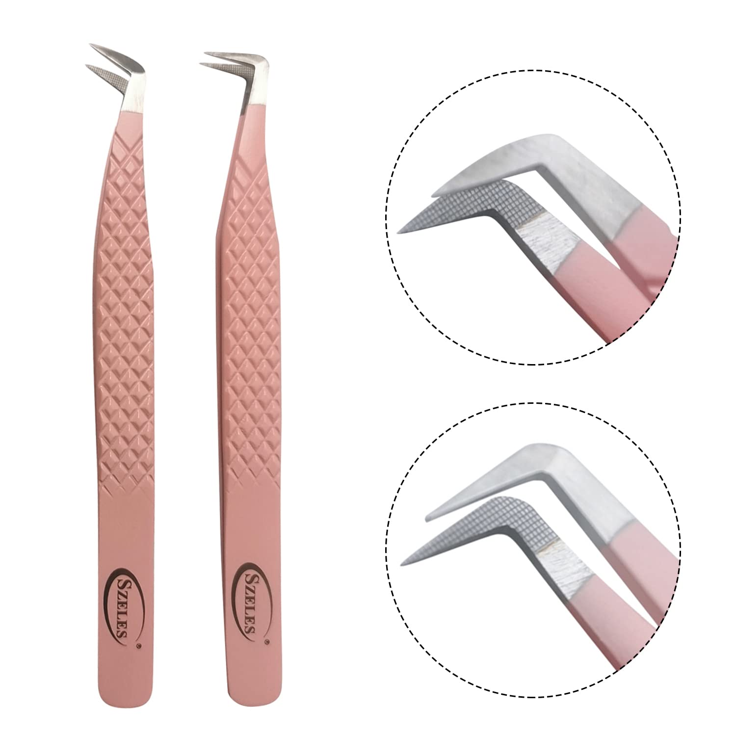 SZELES Fiber Tip Tweezers Diamond Grip Eyelash Extensions Tweezer Anti-Slip solation Volume Lash Tweezers For Lash Tweezers (FTT2-PINK)