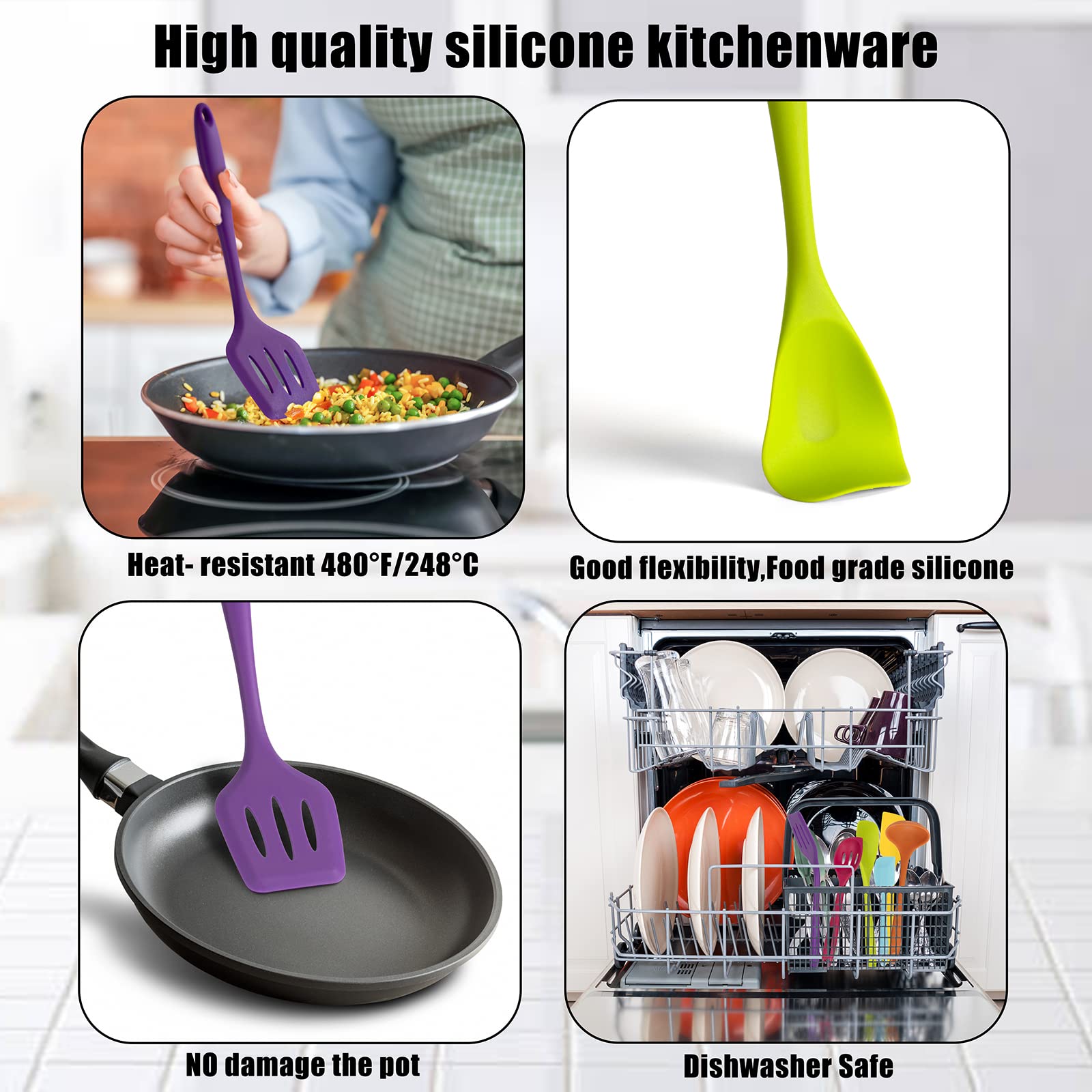 KAY RUK Kitchen Silicone Utensil Set,10Pcs Silicone Cooking Utensils Set,Food Grade Safety Silicone Utensils,480℉Heat Resistant Kitchen Tools,Seamless Easy to Clean, Non Stick Utensils(Multicolor)