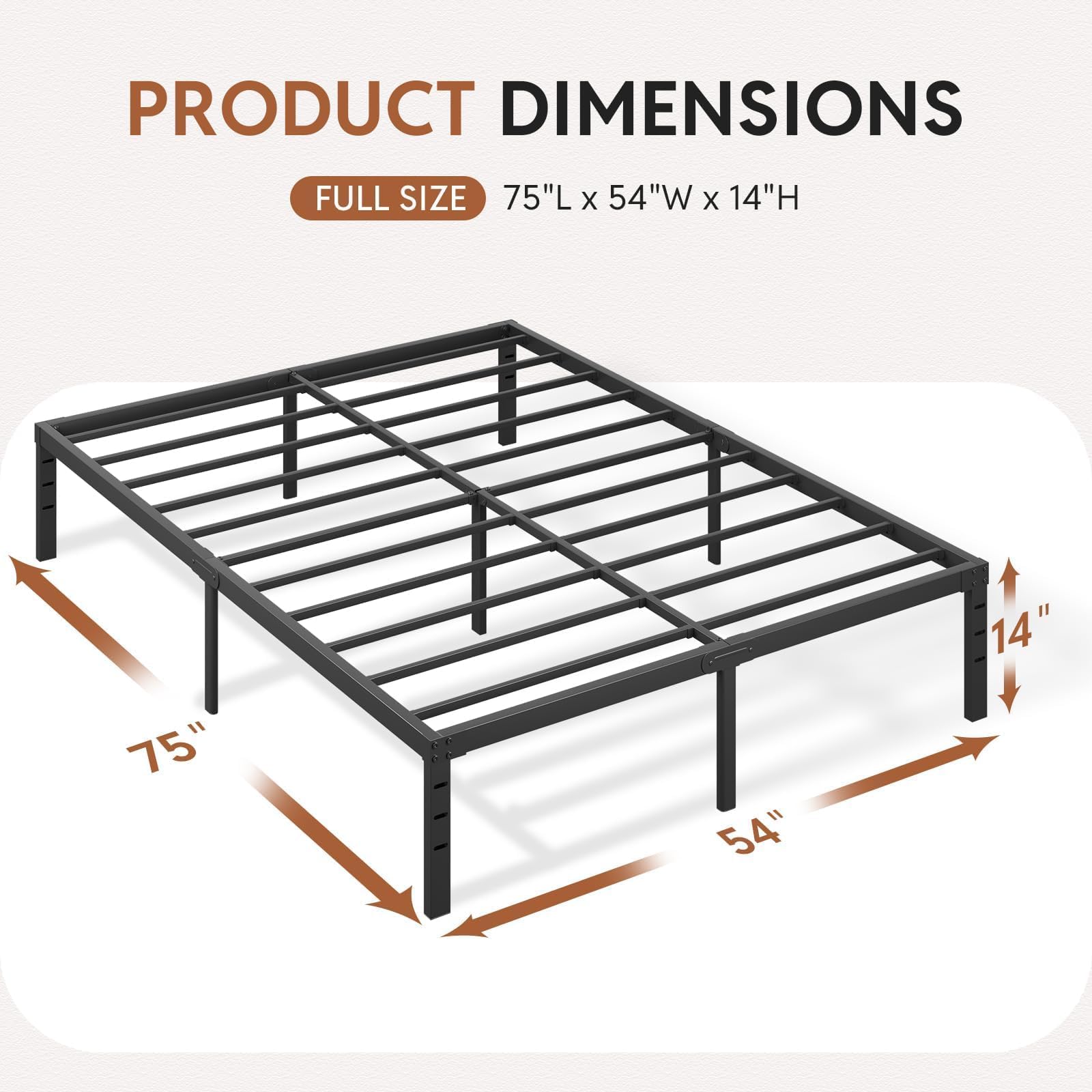 WAYES Full Bed Frame, 14 Inch High Platform Bed Frame with Storage, Minimal Full Size Metal Bed Frame, Heavy Duty, No Box Spring Needed, Noise-Free, Easy Assembly, Black