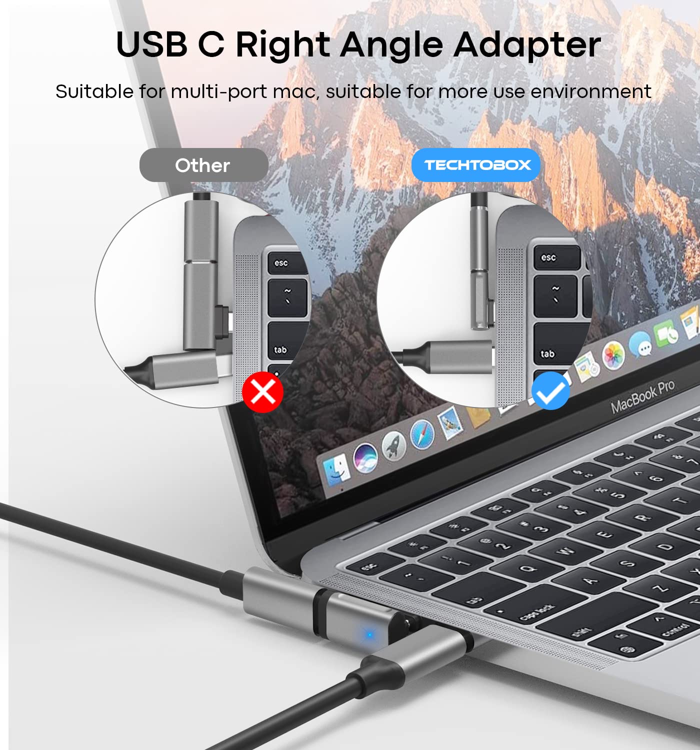 TECHTOBOX Right Angle USB-C Adapter 2-Pack Flat 90 Degree Type C Gen 2 Male to Female Adapter Support 40Gbps Data 60W Fast Charging 8K Video for Laptop,Steam Dock,Switch,Tablet,Mobile Phone