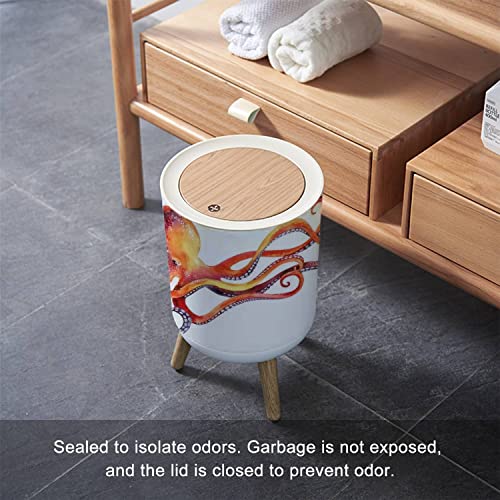 Trash Can with Lid Watercolor Octopus Hand Painted Press Cover Small Garbage Bin Round with Wooden Legs Waste Basket for Bathroom Kitchen Bedroom 7L/1.8 Gallon