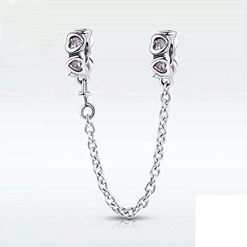 LUCKYBEADS Heart Safety Chain Charms 925 Sterling Silver Love Beads fit Bracelet & Necklace (Pink)
