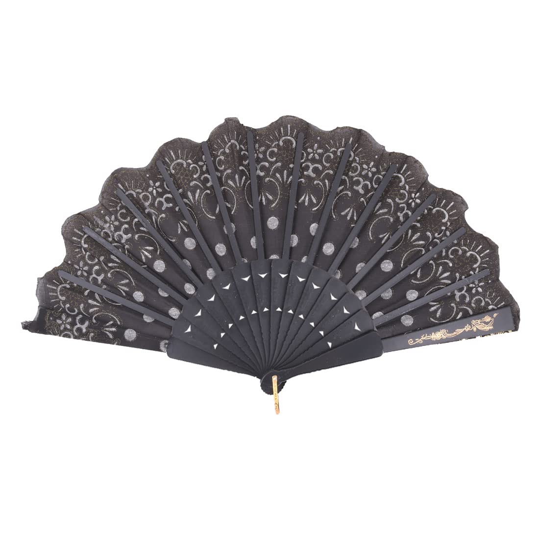 Qtqgoitem Polyester Flower Printed Festival Dancing Folding Handle Fan 23.5cm Length Black (model: 37a 474 d61 5a3 ec8)