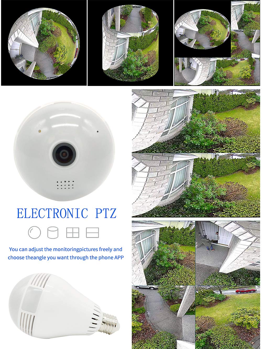 Kopfus WiFi Light Bulb Camera, Smart Bulb Camera, 360 Panoramic Bulb Security Camera with Motion Detection, Floodlight and IR Night Vision, Alert Events Notification, Cloud, V380 App&PC Software/B8