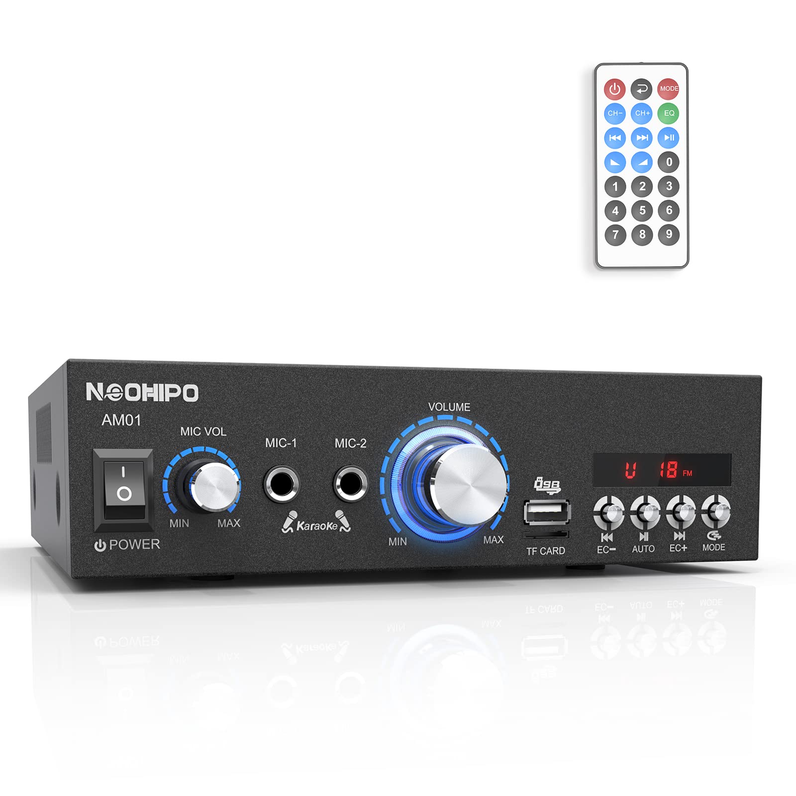 NEOHIPO AM01 150Wx2 Class AB Bluetooth 5.0 Stereo Power Amplifier Wireless 2.0CH Audio Receiver Component Amp for Home Passive Speakers with Remote Control RCA/USB/TF Card/2 MIC Input FM Radio