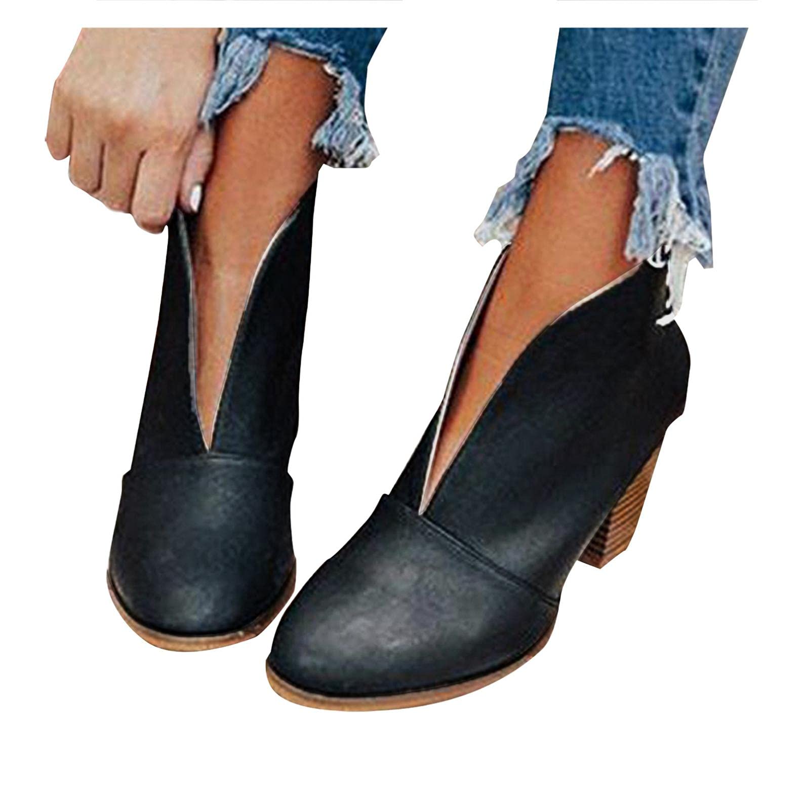 NOLDARES Boots for Women Low Heel V Cutout Ankle Boots Leather Winter Warm Stacked Chunky Heel Short Booties, Black, 7.5