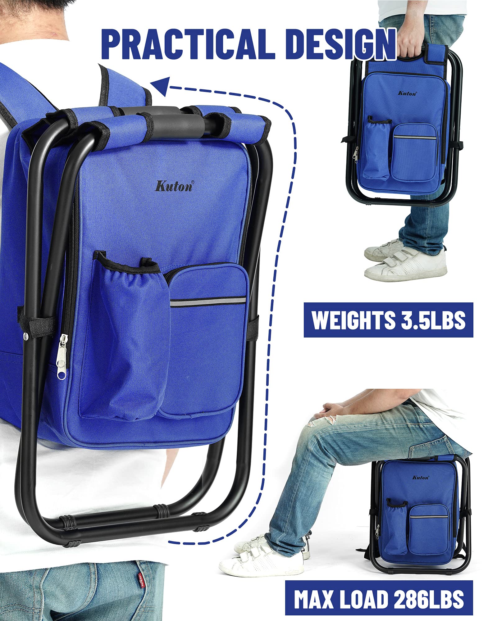KUTON Backpack Cooler Chair, Folding Camping Fishing Stool 3-in-1 Portable Backpack Seat, Lightweight for Outdoor Picnic, Blue