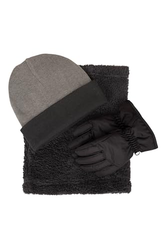 Mountain Warehouse Kids Ski Accessory Set - Water-Resistant Gloves, Reversible Beanie, Neck Gaiter Black Large