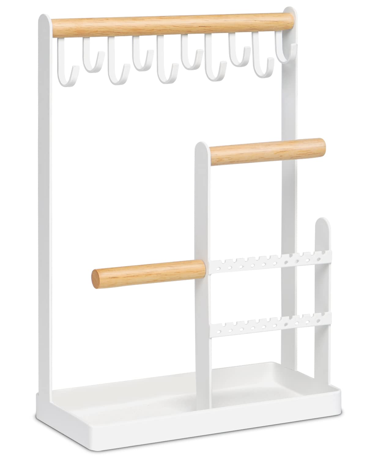 MetWoods Jewelry Holder Organizer with Earring Tray and 10 Hooks, 4 Tier Necklace Holder Display for Earrings Watches Bracelet Rings (White)