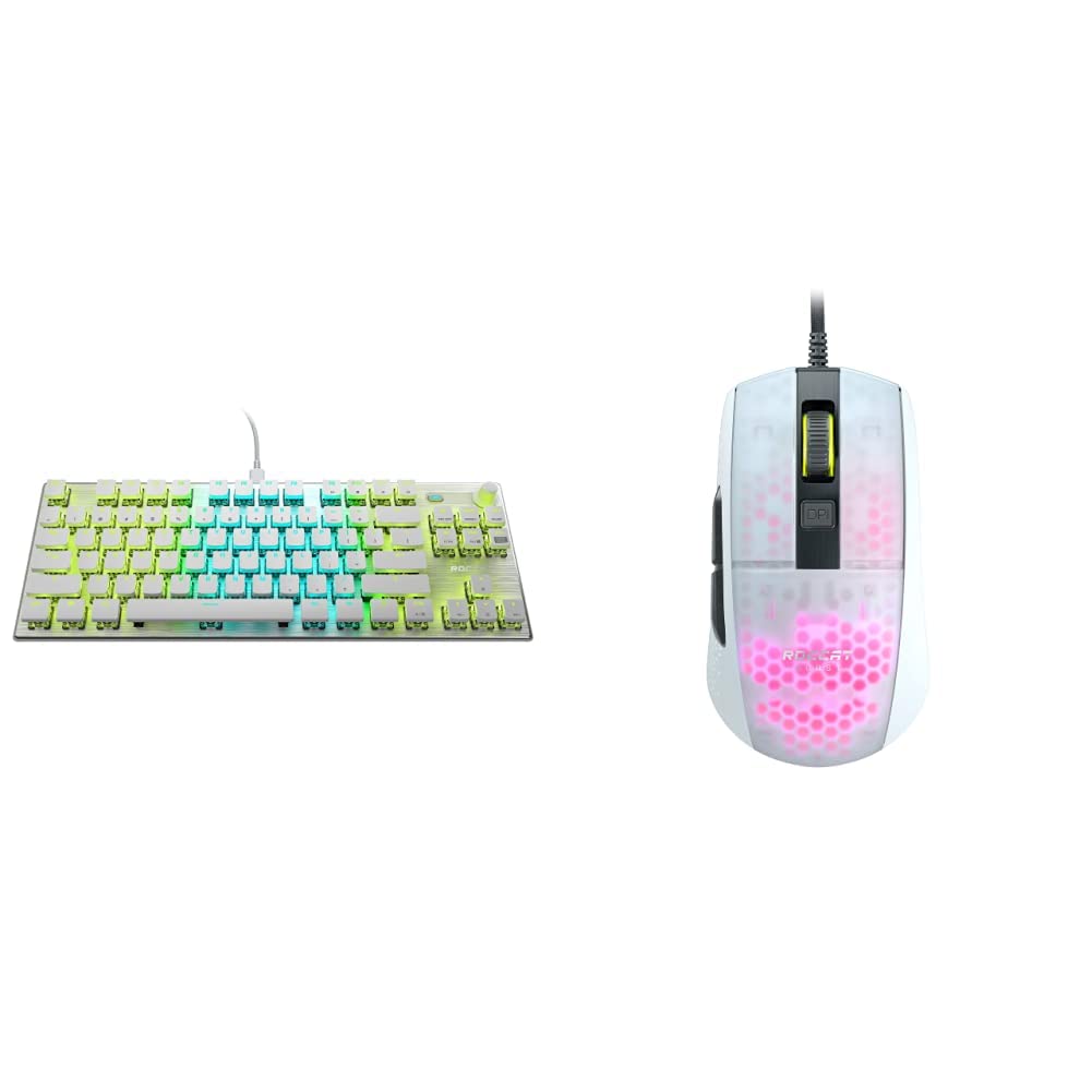 ROCCAT Vulcan TKL Pro PC Gaming Keyboard, Linear Optical Titan Switch, AIMO RGB Lighting, Tenkeyless Mechanical Feel Speed Keystroke, White & Burst Pro PC Gaming Mouse, White