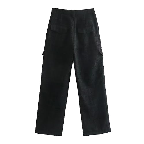 Women Side Patch Pockets Tweed Cargo Pants Vintage High Waist Zipper Fly Female Trousers S