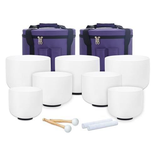 KVKA 7-12 inch Crystal Singing Bowls Set of 7 pcs Quartz Frosted Singing Bowls For Sound Healing with 2 PCS Travel Carry Case Bag (7-12inch, Random frequency)