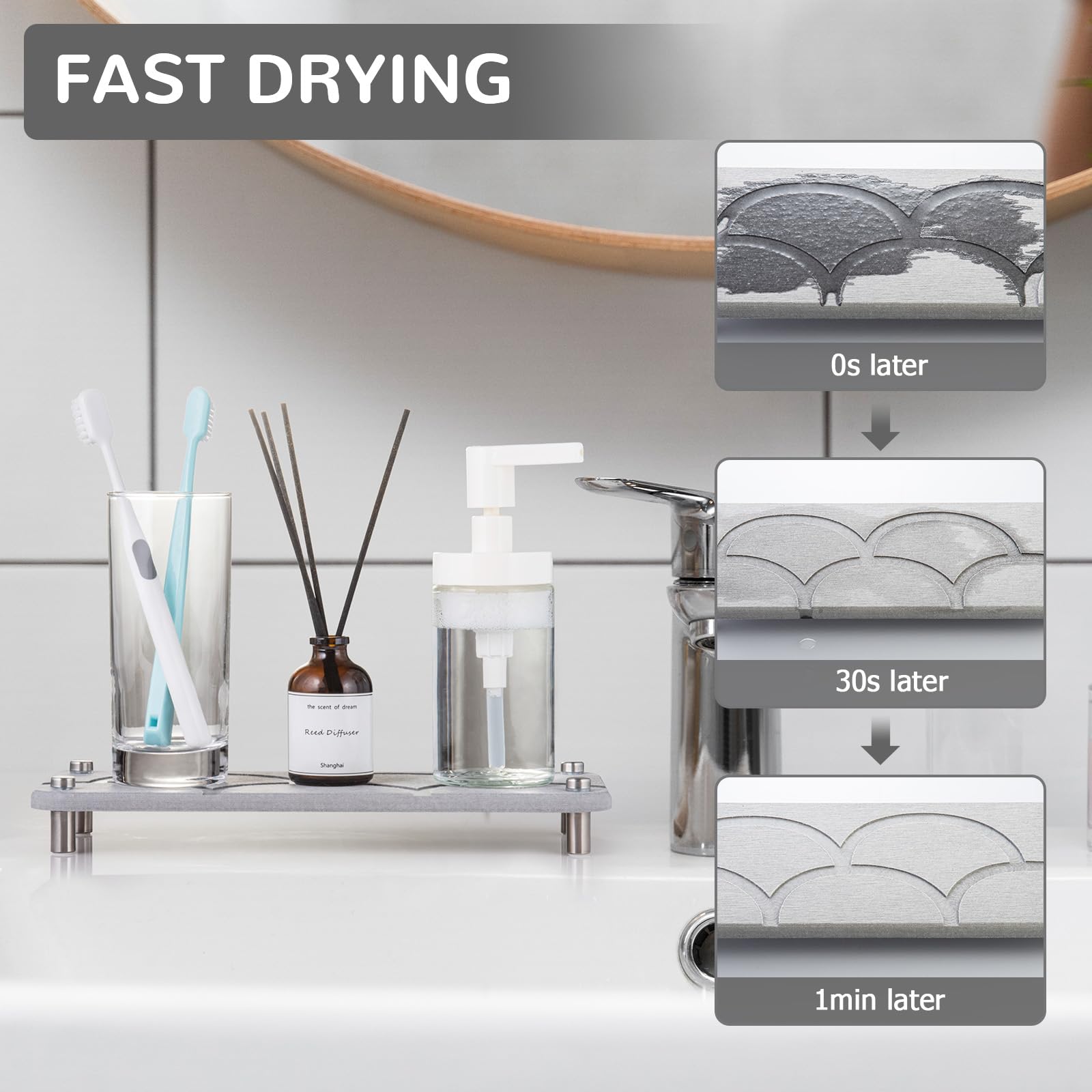 lemtrflo Instant Dry Sink Organizer | Bathroom Sink Caddy 11"*4.33" Diatomaceous Water Absorbing Stone Tray for Sink | 2PCS Dish Drying Stone Kitchen Soap Tray Diatomite Coasters for Sink AccessoriesâŚ