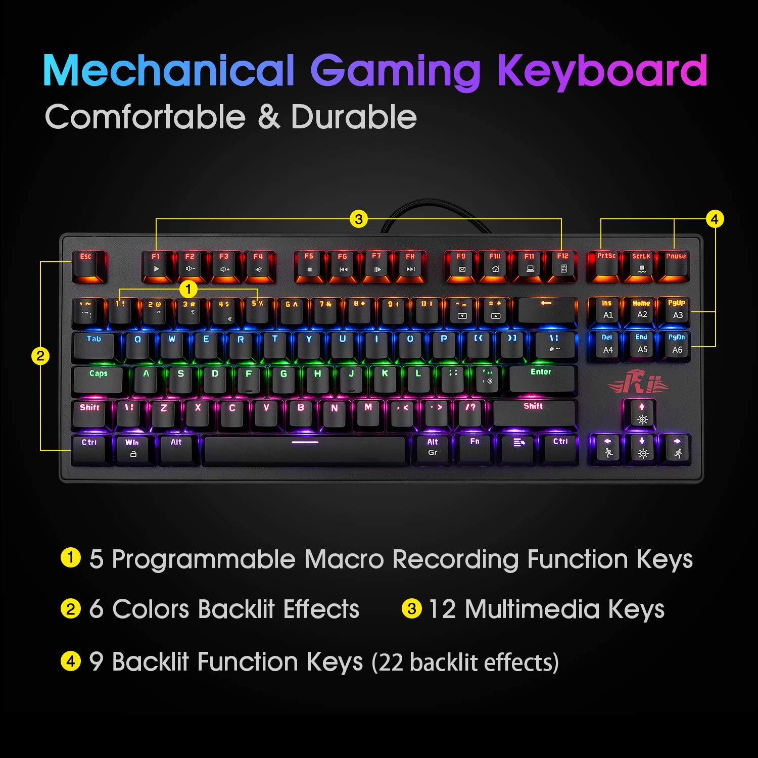 unband Rii RK908 7 Color Mechanical Gaming Keyboard 88 Keys LED Backlit Wired Keyboard 9 Backlight Modes RGB PC Windows Mac Keyboard UK Layout