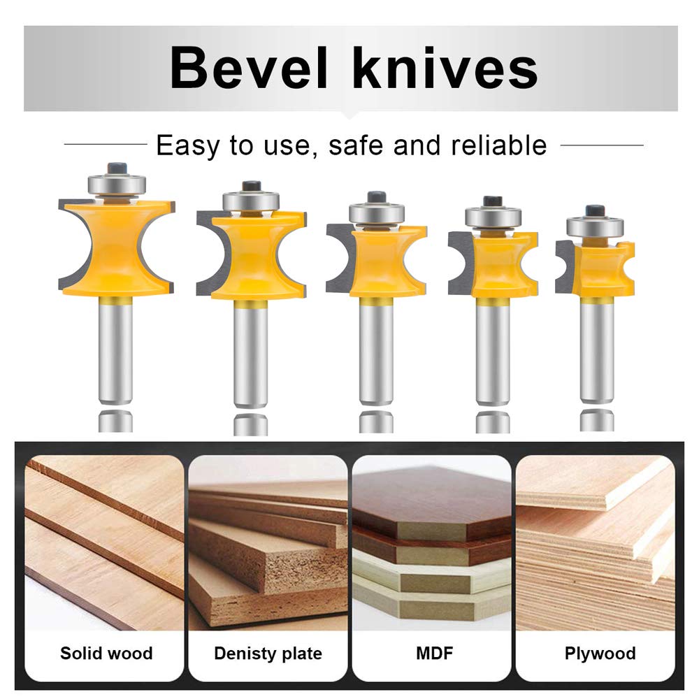 LEATBUY 1/2 Inch Shank Bullnose Router Bit 5PCS,Half Round Bearing Carbide Tipped Edge Cutting Bits, Radius 1/8" 3/16" 1/4" 5/16" 3/8", Woodworking Milling Cutter (YL05)