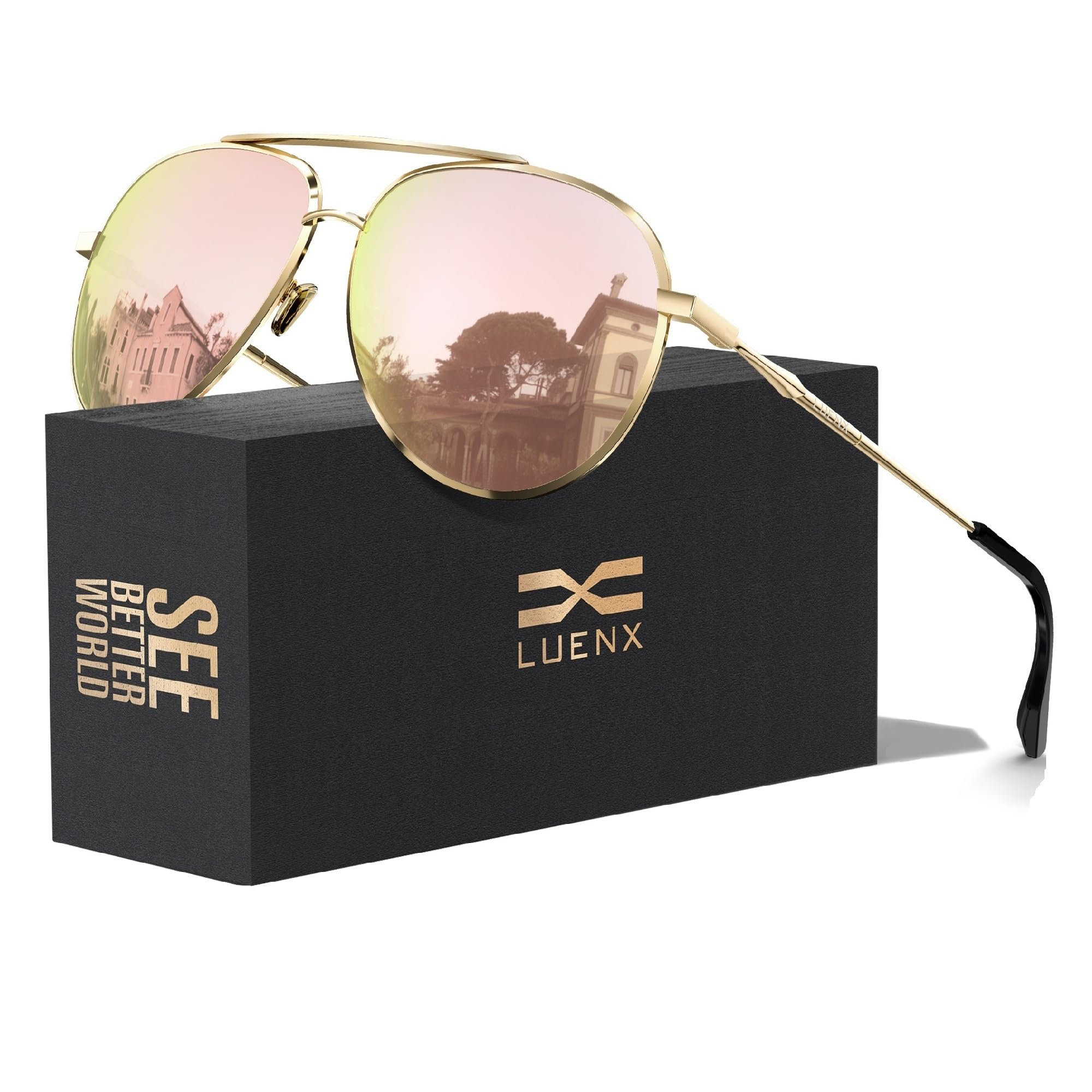 LUENX Men Women Aviator Sunglasses Polarized - UV 400 Protection Black Non Mirror Lens Metal Frame with Accessories 60mm