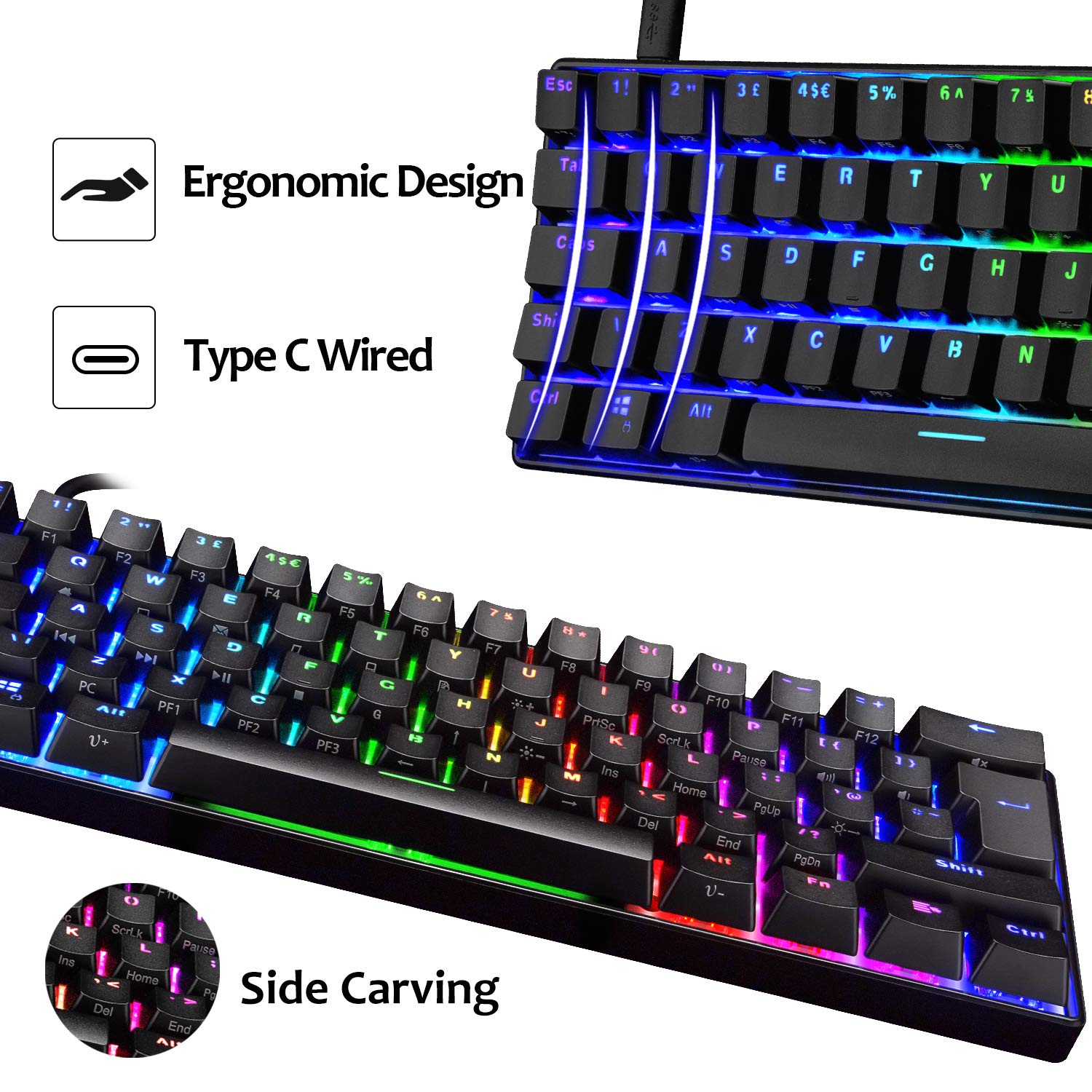 Mechanical Gaming Keyboard and Lightweight Honeycomb Mouse Combo with Rainbow RGB Backlit Full Anti-ghosting 61 Key Ergonomic Programmable Mice Wired USB for Laptop PC Gamer Typist(Black/Blue Switch)