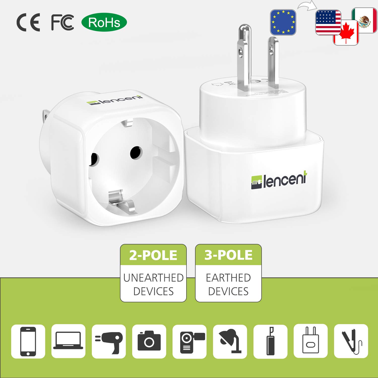 LENCENT 2 Pack Europe to US Plug Adapter,European to USA Adapter, American Outlet Plug Adapter, EU to US Adapter, Europe to USA Travel Plug Converter