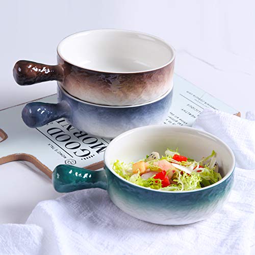 Liwes French Onion Soup Bowls with Handles, 21 Ounce for Soup, Chili, Beef Stew, Chip Resistant, Dishwasher Microwave Safe Stone Embossed Pattern, Ceramic Bowls for Cereal, Stew, Chill, Set of 2