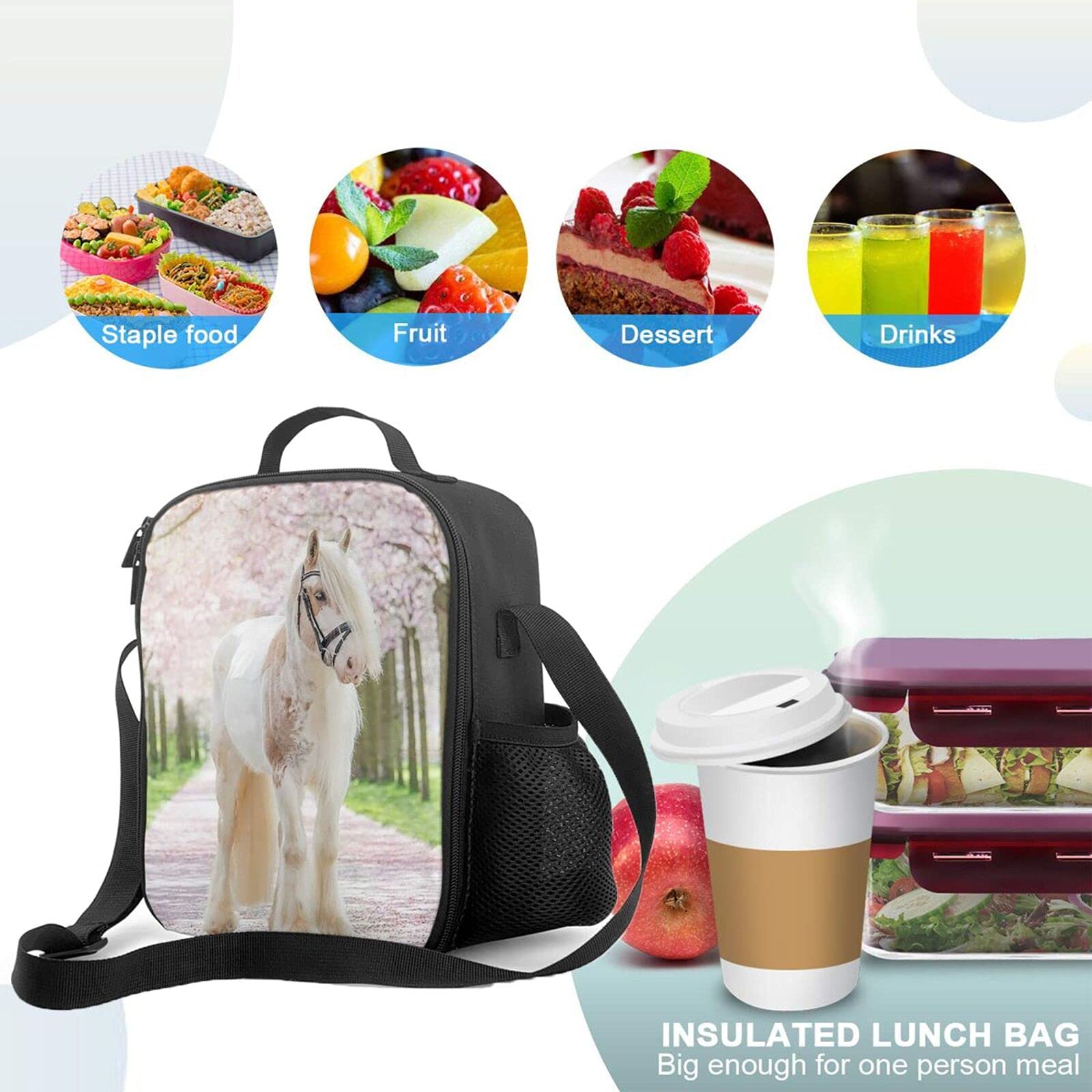 PrelerDIY White Horse Lunch Box - Insulated Lunch Box for Kids with Side Pocket & Shoulder Strap Lunch Bag, Perfect for School/Camping/Hiking/Picnic/Beach/Travel