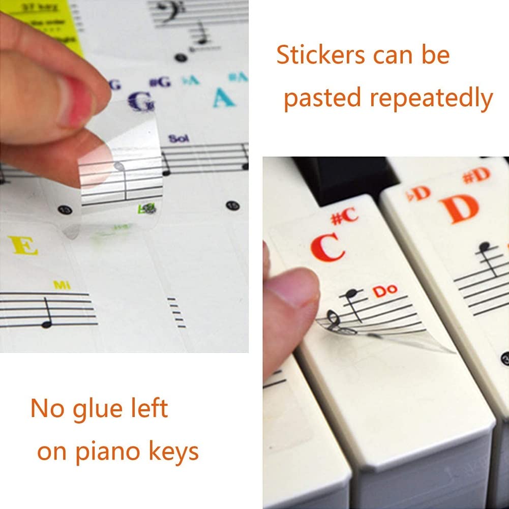 Piano Keyboard Stickers，Colorful & Black for 88 61 54 49 Key Full Set Removable and Transparent Large Bold Letter Keyboard Sticker Notes Label for Piano Beginners