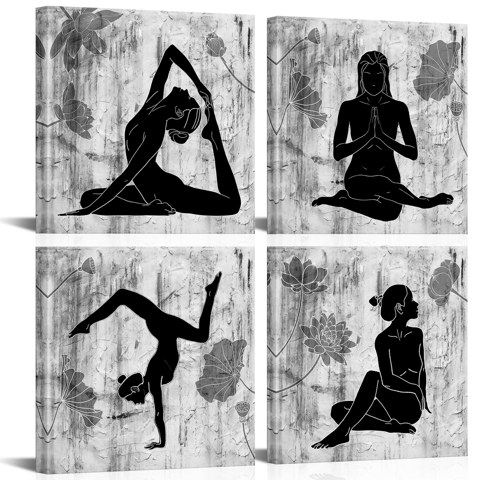 Kolo Wall Art Abstract Yoga Wall Art Canvas Prints 4 Panels Black and White Zen Painting Picture with Lotus Flower Modern Wall Decor Framed for Home Wall Decoration 12"x12"x4 pcs (12"x12"x4 Panels)