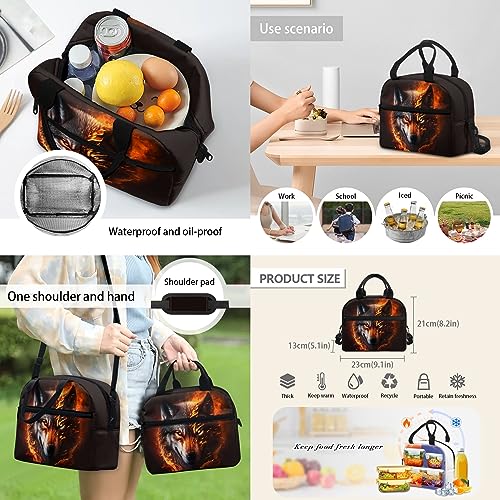 ZOCANIA Wolf Backpack for Boys Girls Fire Backpack 7Pcs Kids Back To School Backpack Sets with Lunch Box Pencil Case Water Bottle Bag Book Cover Key Chain Wrist Lanyard Book Bag