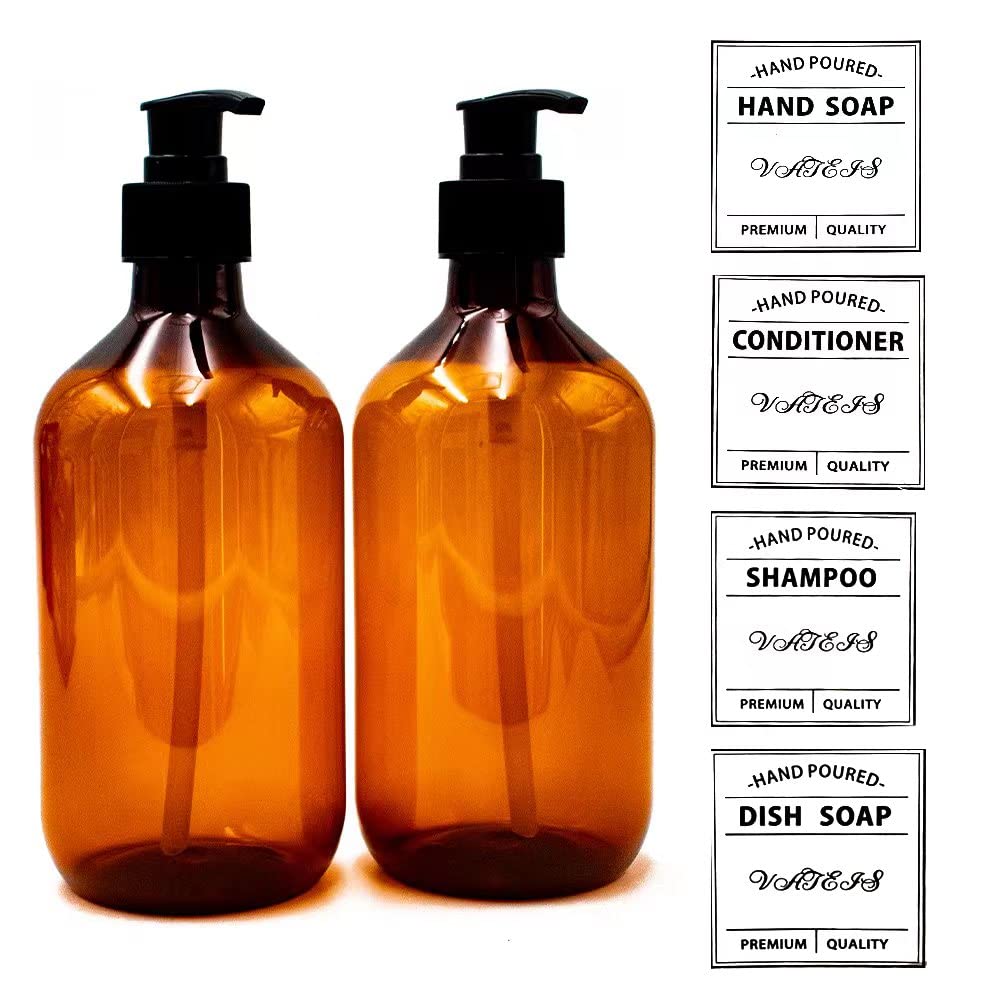 Pump Dispensers 2pack Large, 16 oz, Empty, Amber Plastic Bottles with Black Lotion Pumps Empty Plastic Refillable Lotion Soap Shampoo Bottles Dispenser