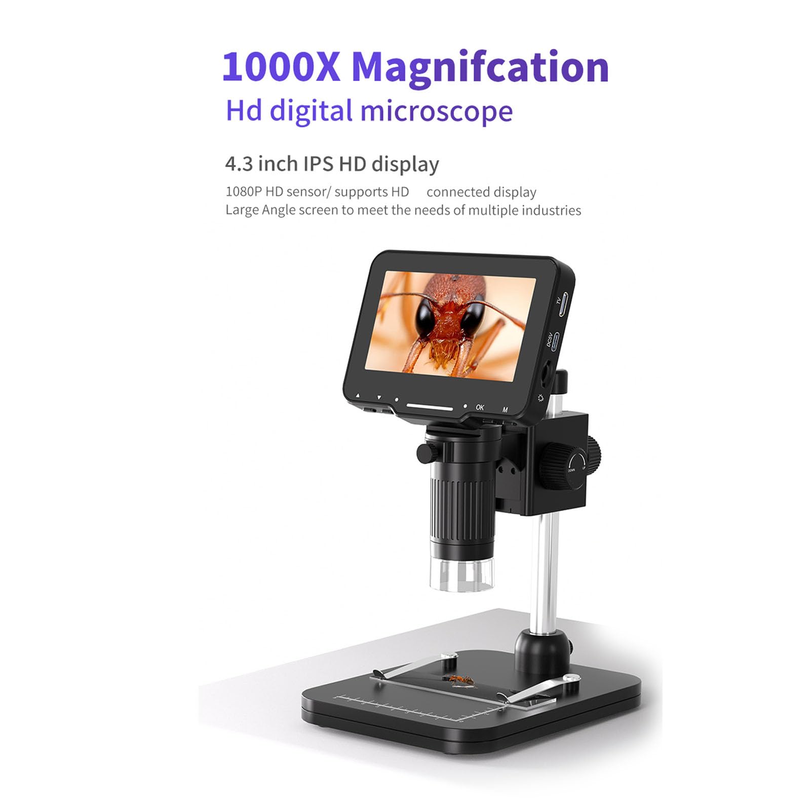 LCD Digital Microscope, 1000X Biological Microscope with 4.3in HD LCD Screen, 8 LED Lights Coin Microscope Camera,for Win XP, for Win7, for Win8.1, for Win10, for OS X10.5
