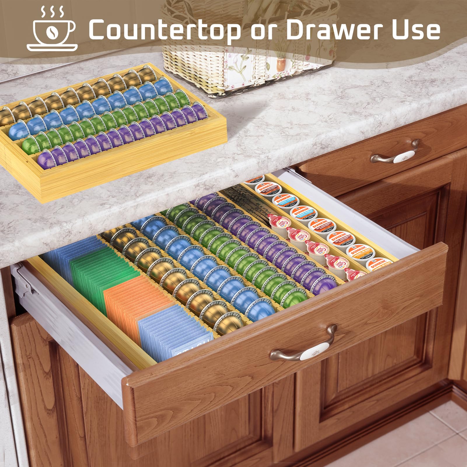 KMOTASUO Bamboo Coffee Pod Storage Holder Drawer Insert, Expandable Coffee Pods Organizer for Counter, Compatible with Vertuo Vertuoline Capsules for Kitchen Coffee Station (Expandable)