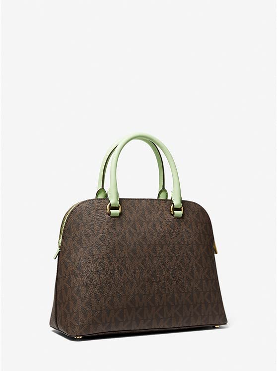 Michael Kors Cindy Medium Logo and Leather Satchel (Aloe/Brown)