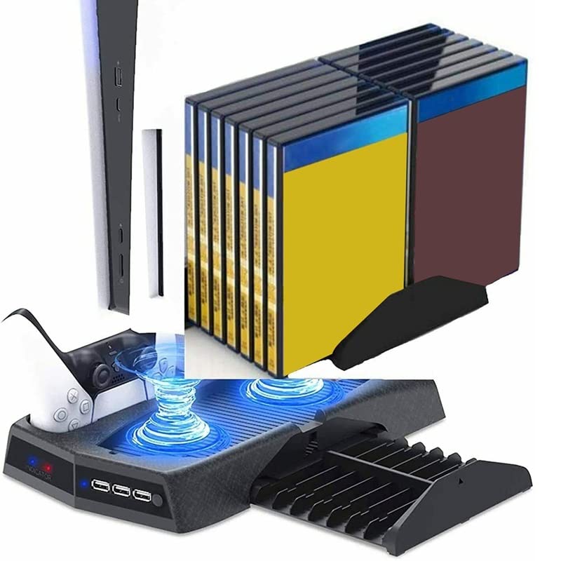 RENSLAT for PS5 Charging Stand Base with Cooling Fan and 3 USB Port Dual Controller Charger Storage Tray Bracket
