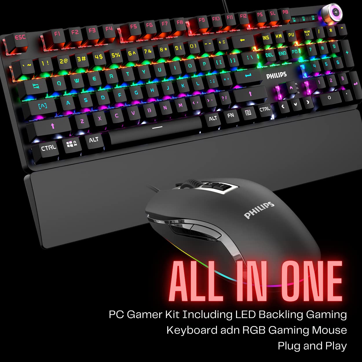 PHILIPS Wired Gaming Keyboard and Mouse Combo RGB Backlit, Mechanical Feel, 104 Keys with Fast Switches, Programmable Gaming Mouse Adjustable DPI for Windows PC Gamers