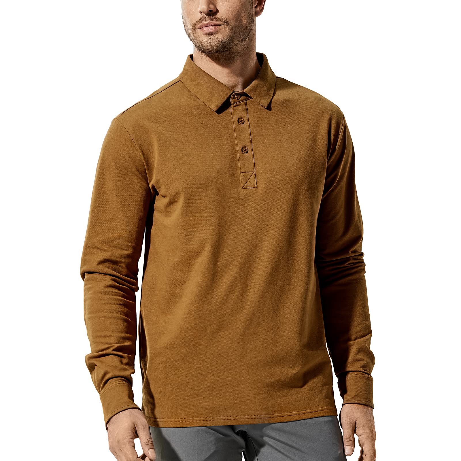 MIER Mens Cotton Polo Shirts Long Sleeve Collared Shirts Regular Fit Golf Polo, Three Button, Brown, L