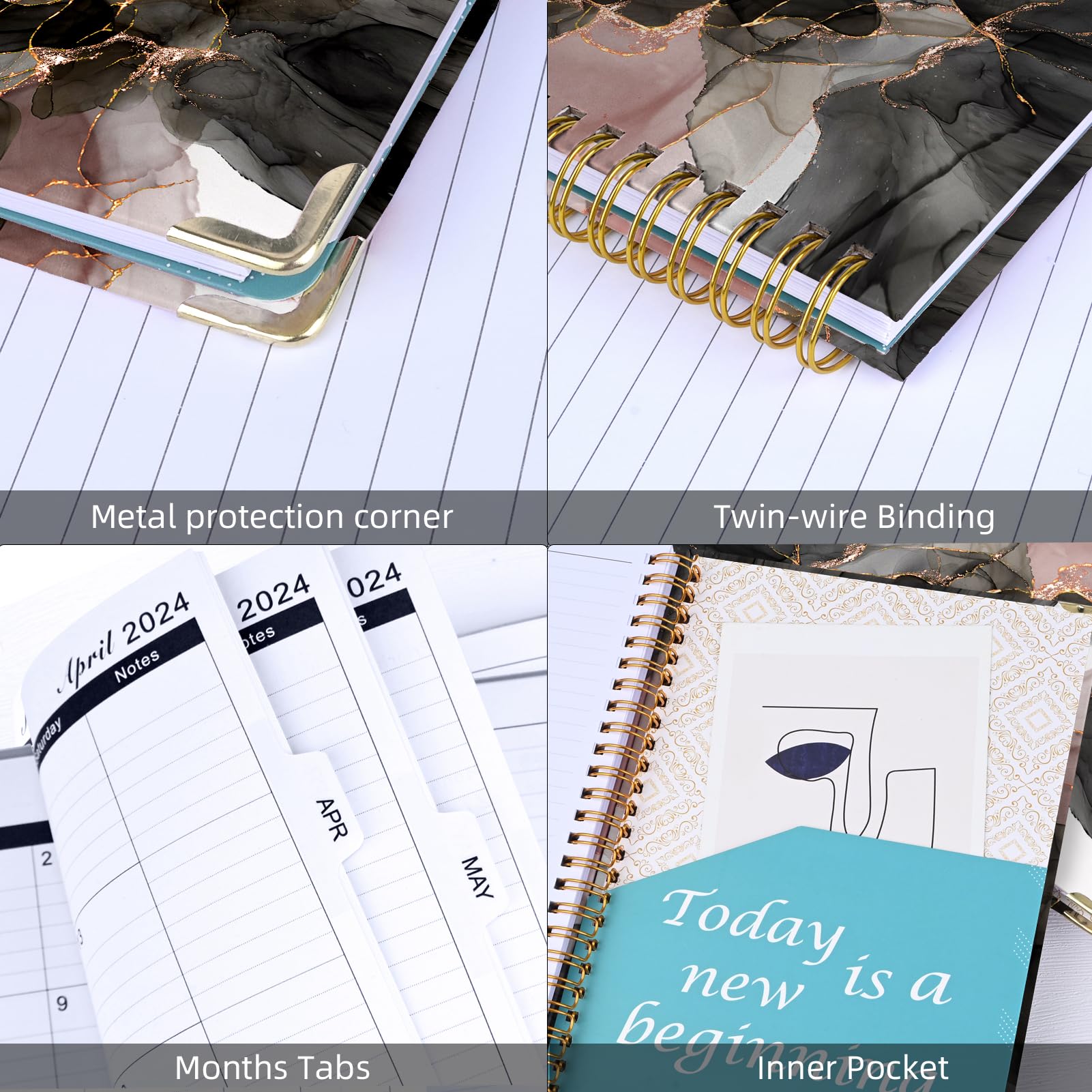 Knagsfa 2024 Monthly Planner, Jan 2024 - Dec 2024 Weekly Monthly Planner 6.5" x 8.5" with Page Tabs, Calendar Hardcover with Inner Pocket, Elastic Band, Twin-Wire Binding, Bookmark,Black Pink Marble