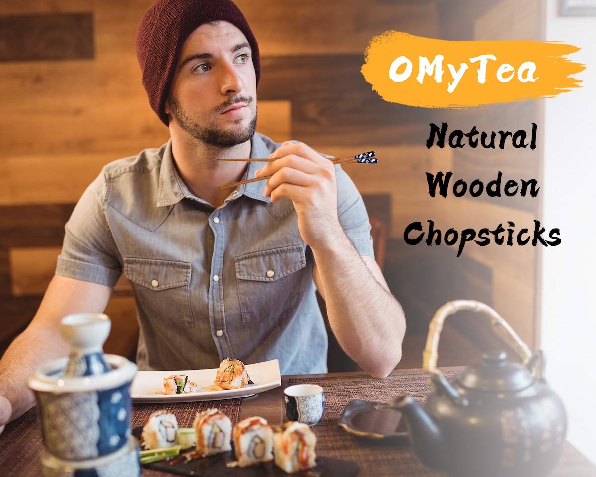 OMyTea Chopsticks Reusable - Japanese Wooden Chopsticks 5 Pairs Gift Sets, 9 Inch/23cm, for Sushi, Ramen, Noodles, Rice, Camping, Travel (Sakura Nails)