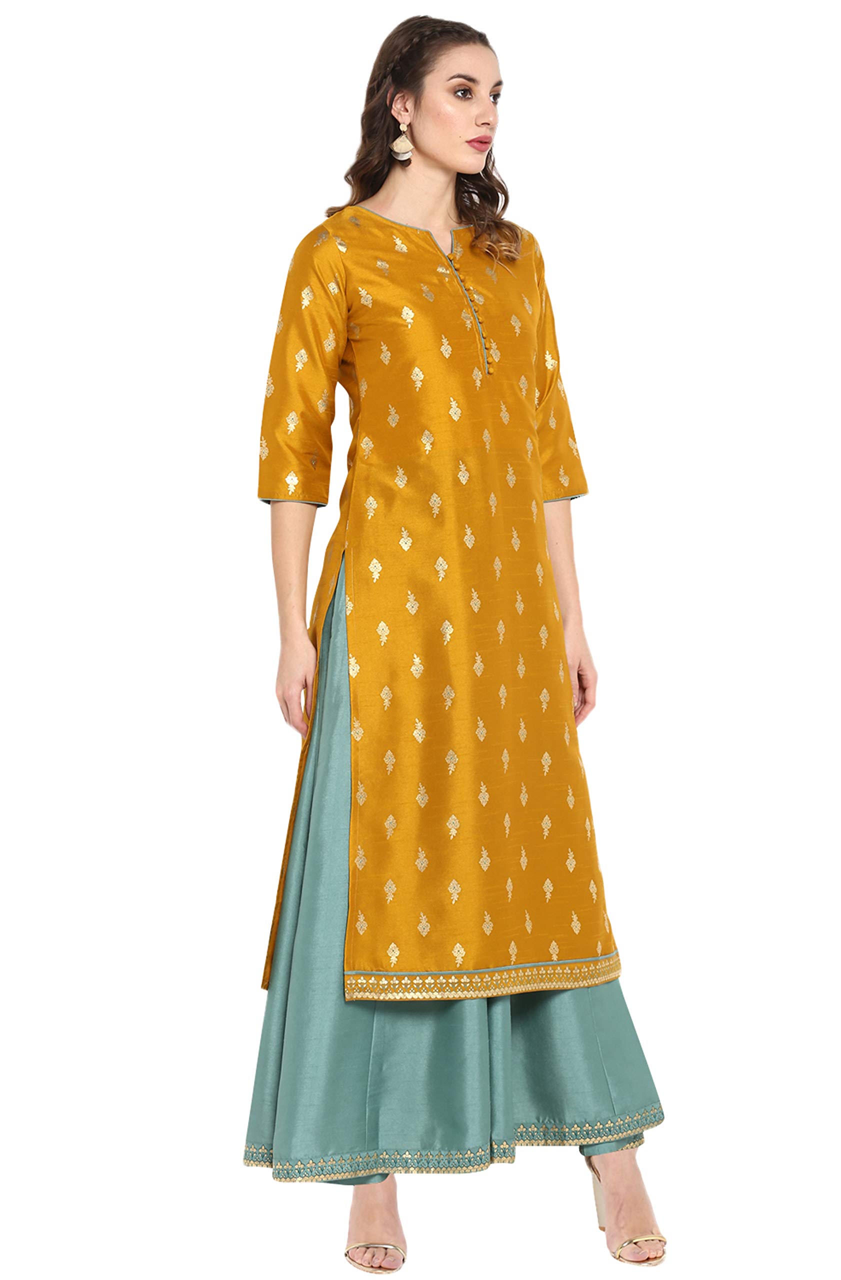 Janasya Indian Women's Mustard Foil Printed Poly Silk Ethnic Dress
