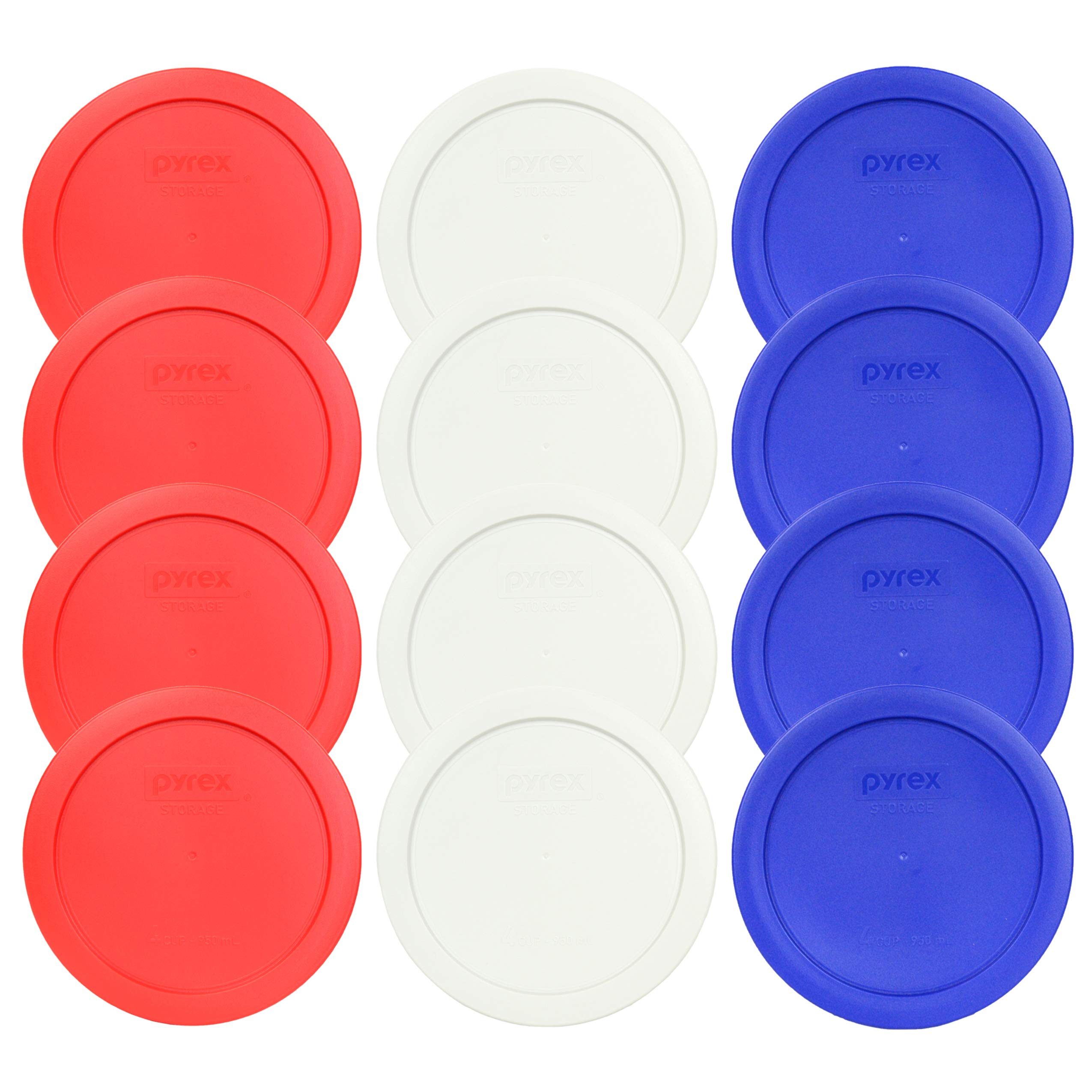Pyrex 7201-PC 4 Cup (4) Red (4) White (4) Cobalt Blue Round Plastic Lids - 12 Pack Made in the USA
