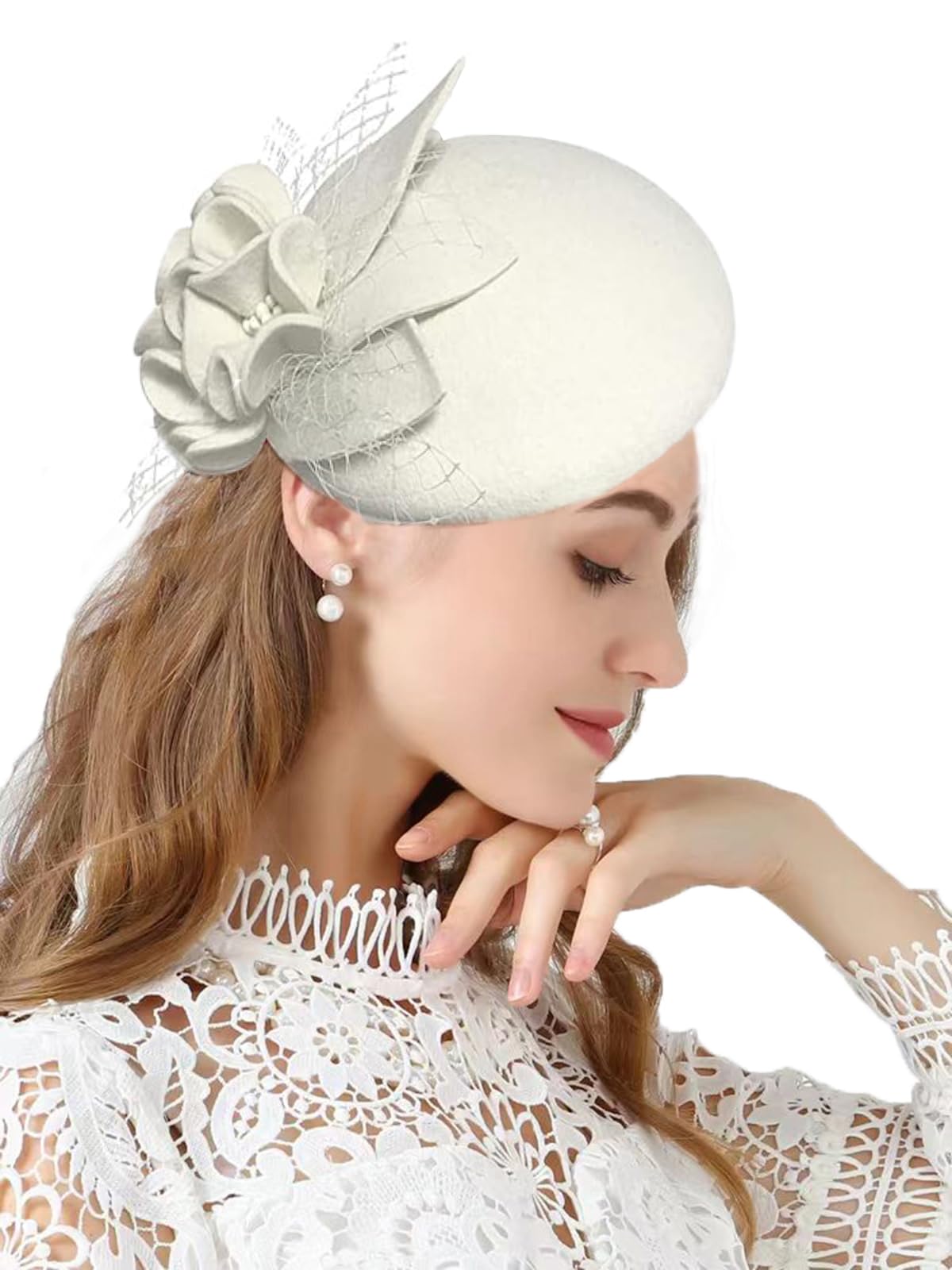 ORIDOOR British Style Pillbox Hat Women Church Wedding Winter Vintage Fascinator Beret 100% Wool Felt Hat with Veil (021A White) …
