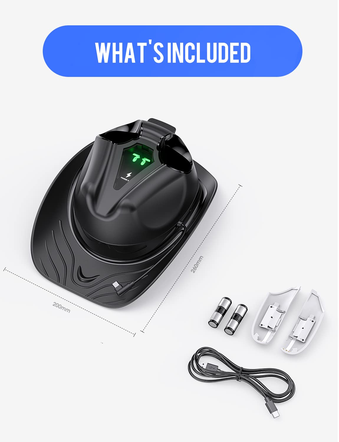 PHNIXGAM Charging Dock Compatible with Oculus Quest 2/Meta Quest 2, Charge VR Headset and Controller Simultaneously, with 2 Rechargeable Batteries, Controller Covers and Type-C Charging Cable (Black)