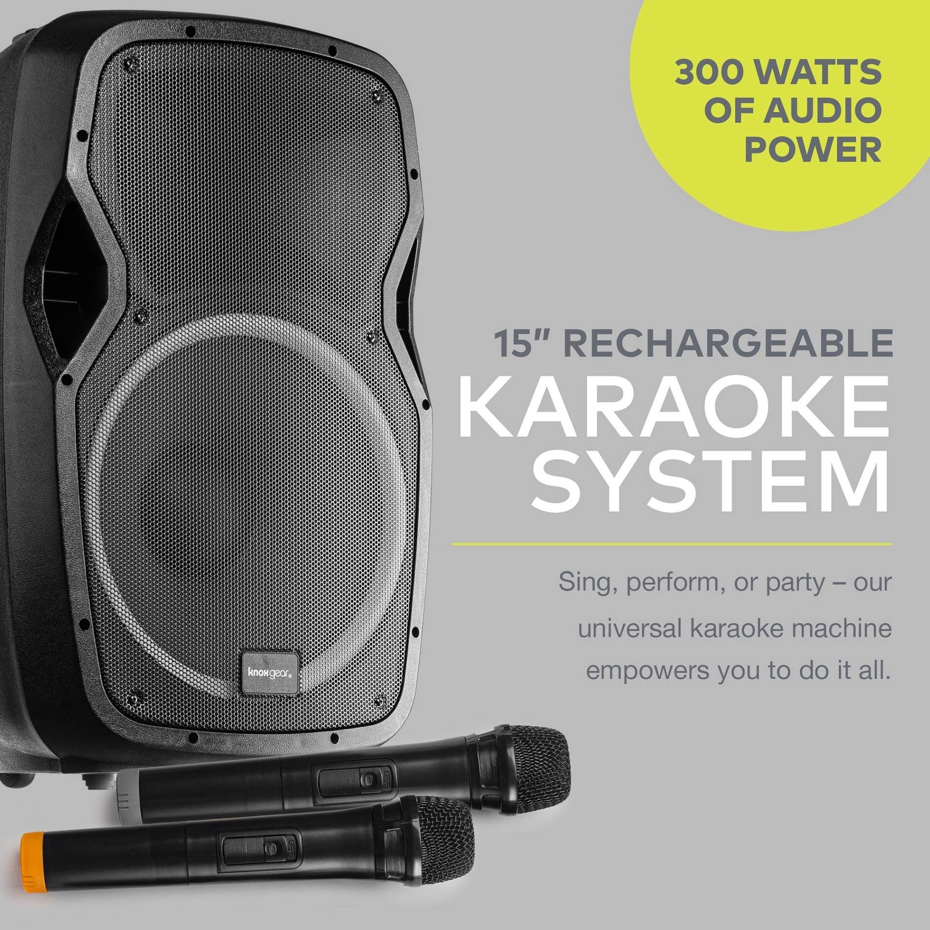 Knox Gear Portable Rechargeable Bluetooth Speaker Karaoke Machine System with 2 Wireless Microphones, Indoor Outdoor Party Size Active Amplifier with Stand and Phone Mount