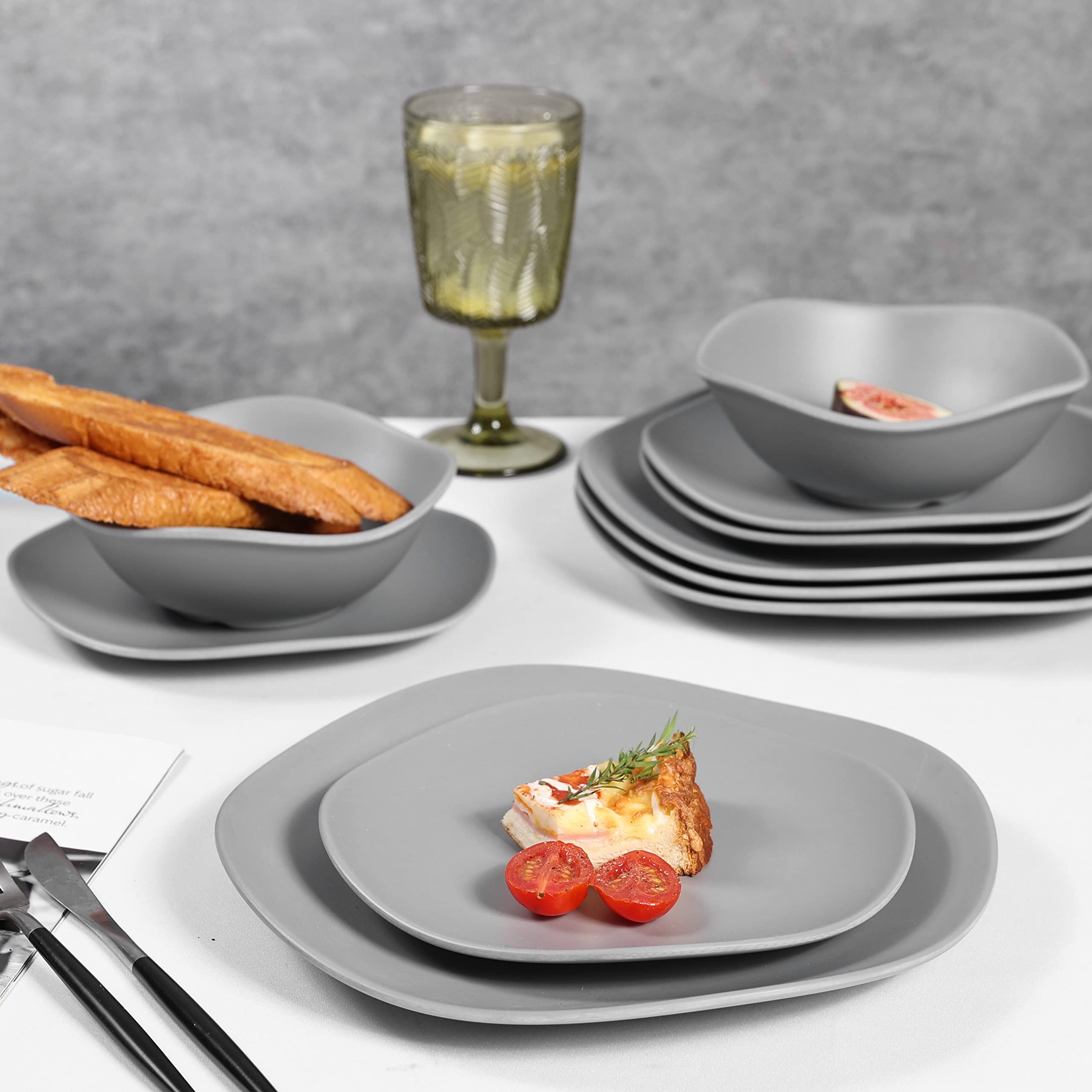 Irregular Melamine Dinnerware Sets-12 Piece Plates and Bowls Sets,Indoors and Outdoors Dinnerware,Service for 4,Dishwasher Safe,Grey
