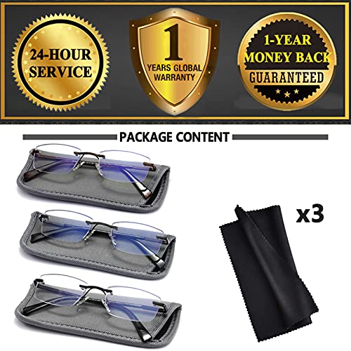 JJWELL 3 Pack Reading Glasses for Men Blue Light Blocking, Lightweight Rimless Metal Mens Eyeglasses Readers, Anti Eyestrain/Dryness/Computer Glare/UV 400, Spring Hinge Eyeglasses(200 Strength)