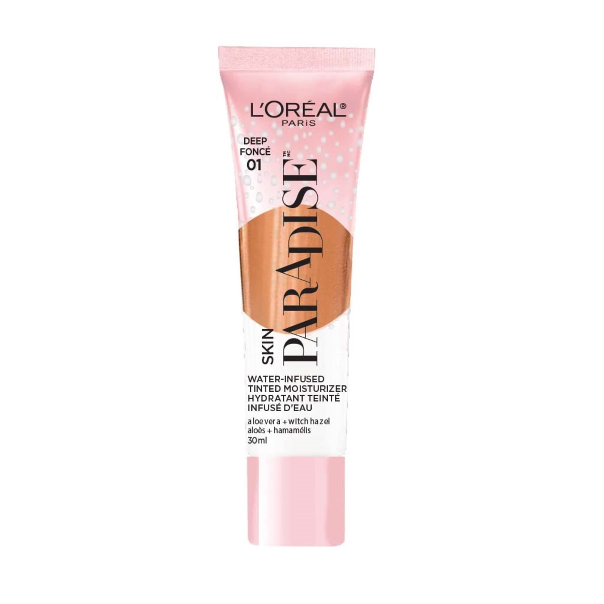 L'Oreal Paris Skin Paradise Water-infused Tinted Moisturizer with Broad Spectrum SPF 19 sunscreen lightweight, natural coverage up to 24h hydration for a fresh, glowing complexion, Medium 01, 1 fl oz