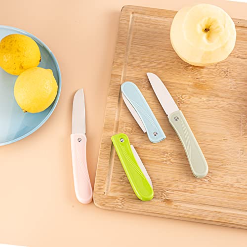 Sumteene Paring Knife, 4 Pcs Folding Knife, 3" Vegetable and Fruit Knife, Stainless Steel Small Kitchen Knife for Cooking, Peeling, Slicing, Picnics, & Travel, Pink/Green/Blue/Light Green