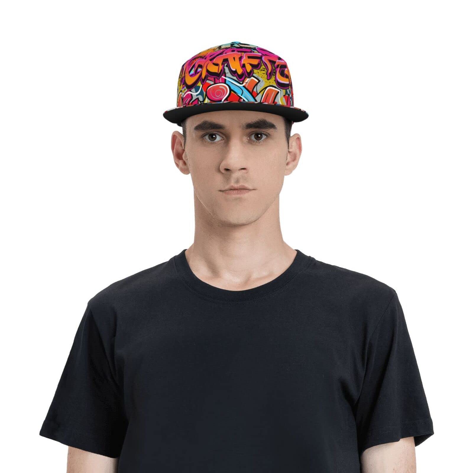 Quzioxe Graffiti Wall Urban Flat Bill Brim Cap Hip Hop Hat Baseball Cap for Men Women Adjustable Square Flat Visor Back Trucker Snapback Hat