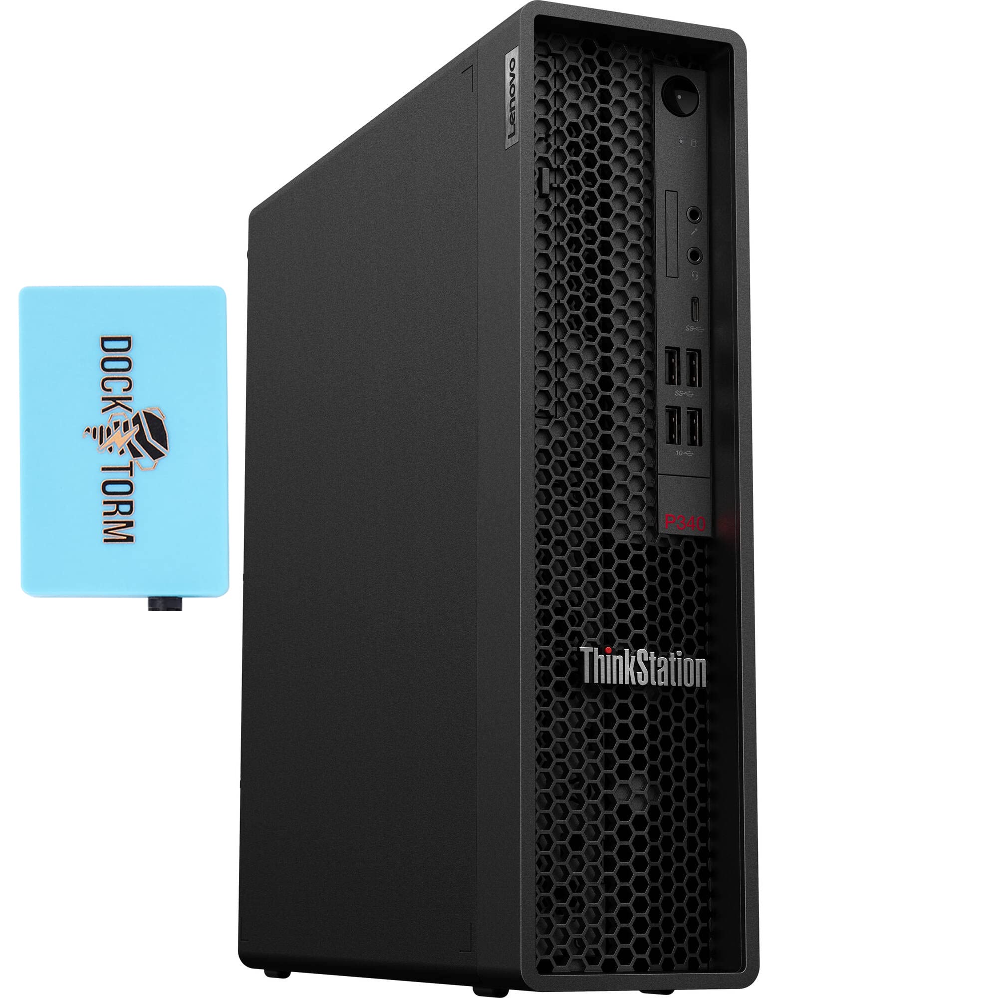 Lenovo ThinkStation P340 SFF Business Mini Desktop (Intel i5-10500 6-Core 3.10GHz, 16GB RAM, 1TB PCIe SSD + 1TB HDD (3.5), Intel UHD 630, RJ-45, USB 3.2, 2 DP, SD Card, Win10P) with Dockztorm Hub